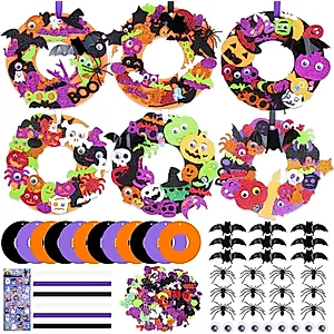 26 Sets Halloween Crafts Foam Wreath Craft Kits DIY Halloween Wreath with Self-Adhesive Pumpkin Ghost Bats Shape Craft Stickers Fall Thanksgiving Halloween Seasonal Sign Decoration