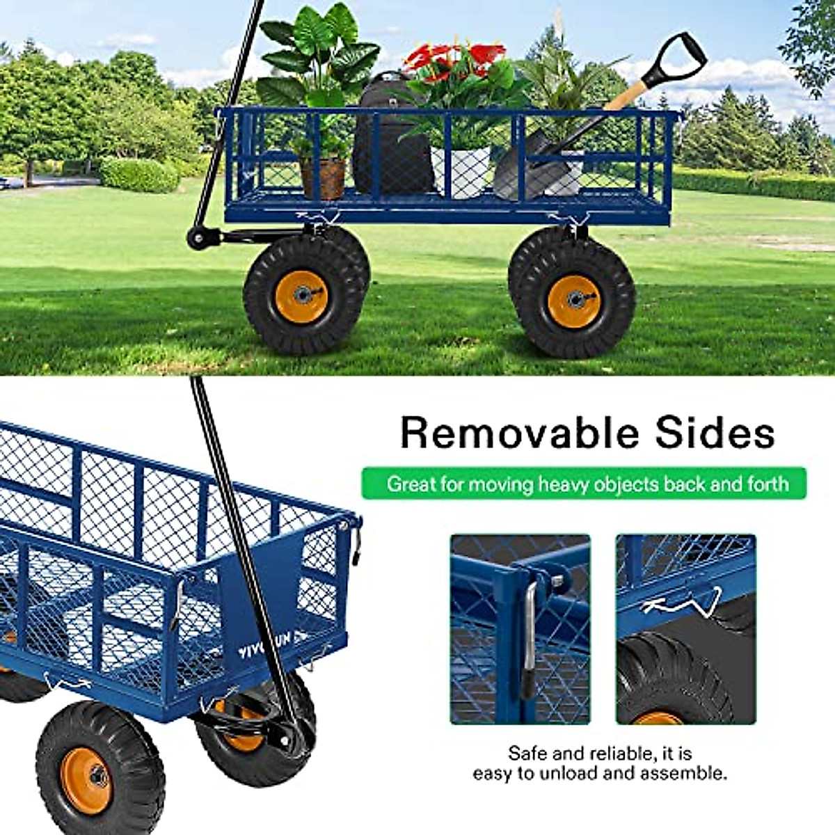VIVOSUN Heavy-Duty Steel Garden Cart, 500-Pound Capacity, Steel Utility Garden Wagon with Removable Sides and 10" Pneumatic Tires for Outdoors, Lawns, Yards, Farms, and Ranches, Blue