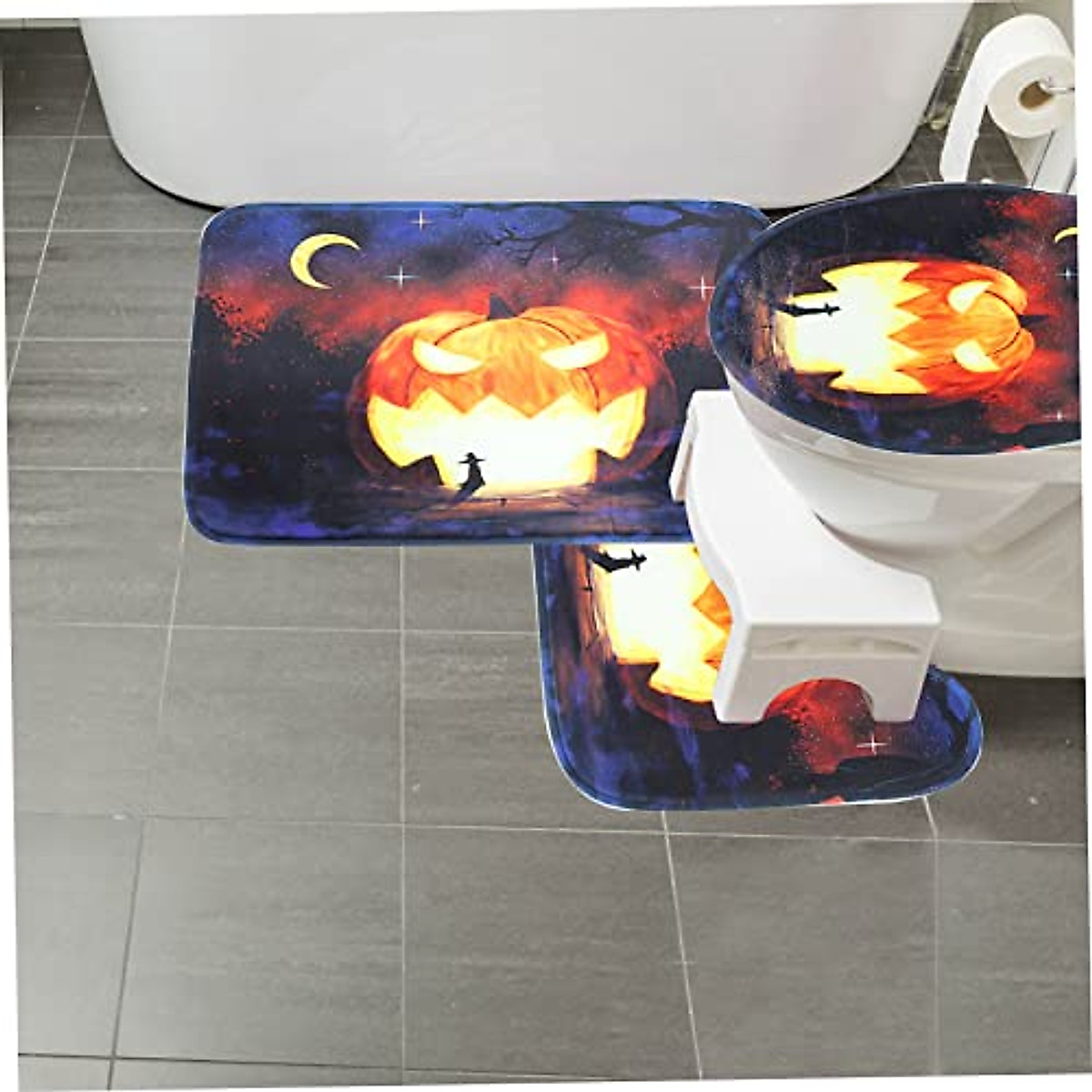 Homoyoyo 1 Set Toilet Seat Three Piece Set Toilet Cover Pad Pumpkin Shower Cushion Bathroom Mat Dropshipping Shower Curtain Polyester Bathroom Mat Kit Pumpkin Bathroom Mat