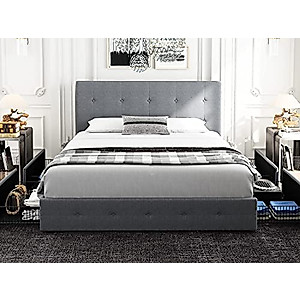 HOOMIC King Size Platform Bed Frame with 4 Storage Drawers, Adjustable Headboard with Square Stitched Button Tufted Design, Wooden Slats, No Box Spring Needed, Noise Free, Easy Assembly, Light Grey