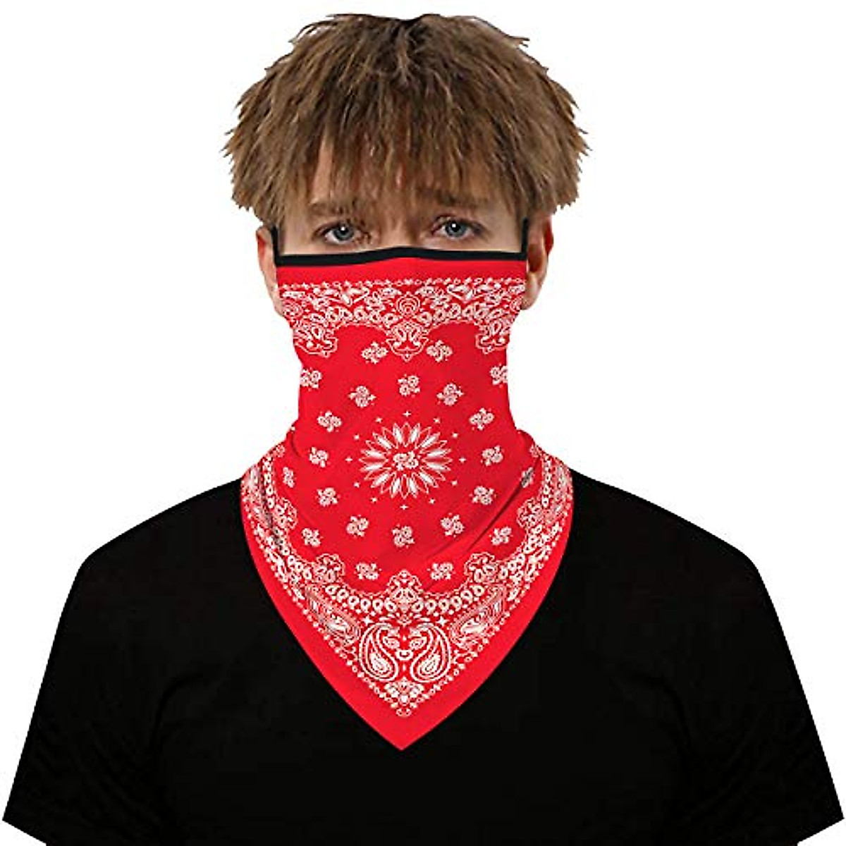 JIBIL Winter Neck Gaiters, Men's Multifunctional Breathable Bandana Headwear Ear Loops Dust Sun Red Balaclava Face Scarf Fits for Running Cycling Hiking Fishing, 1 Piece
