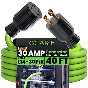 GEARit 30-Amp Generator Extension Cord, 120/250-Volt, 4-Prong, 7500W, NEMA L14-30P/L L14-30R, 10 Gauge SJTW Locking Power Cord for Manual Transfer Switch, Portable Generators, Power, 40 Feet, Green