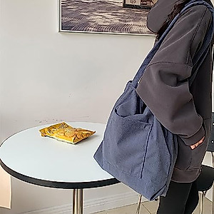 Corduroy Tote Bag for Women Girl with Front Pocket and Zipper Shoulder Handbags Simple Canvas Purse, Grey