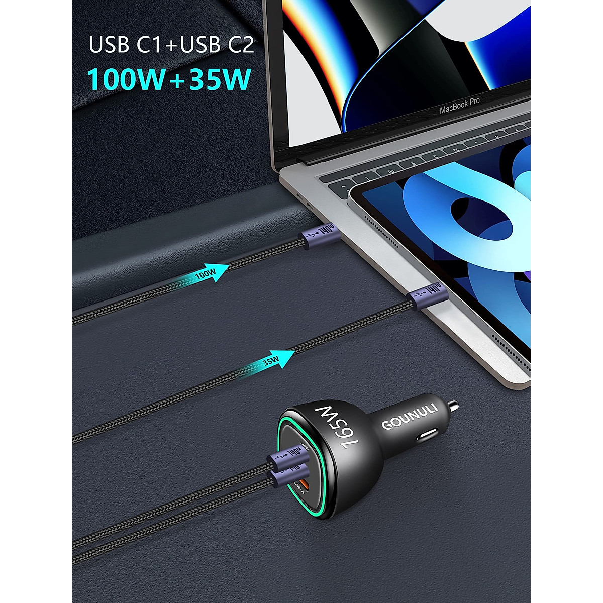 165W USB C Car Charger Adapter,GOUNULI Super Type C Car Charger Fast Charging PD3.1 140W PD3.0 100W Car Phone Charger Fast Charge for iPhone15 Pro Samsung S22 S21 iPad MacBook pro Laptop Steam Deck