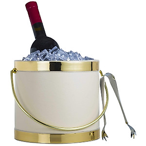 Hand Made In USA Tiffany Off White With Dual Gold Bands Double Walled 3-Quart Insulated Ice Bucket With Bonus Ice Tongs