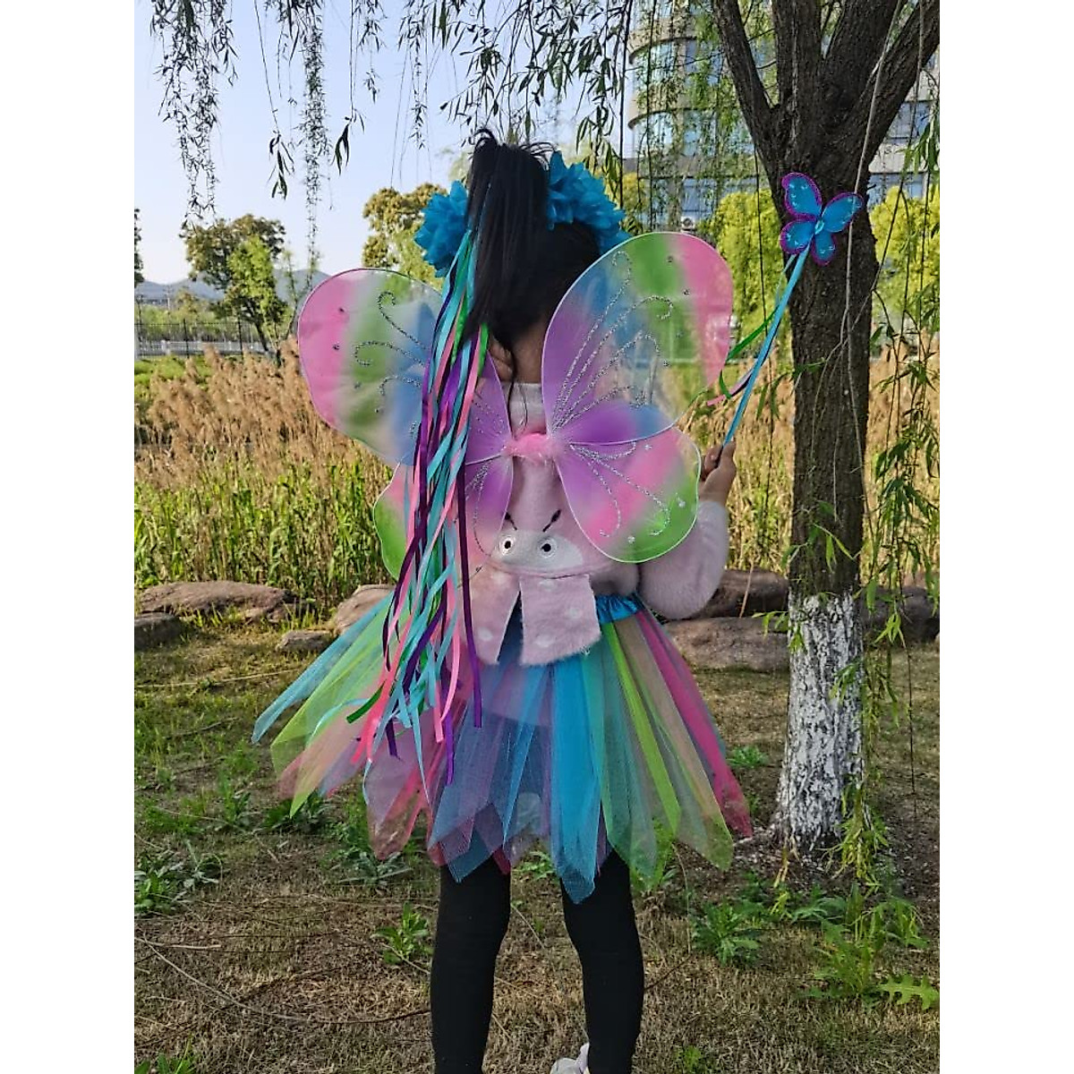 4 PC Girls Fairy Wings Butterfly Costume Set with Wings, Tutu, Wand & Halo