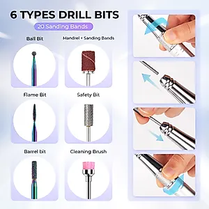 Lavinda Professional Nail Drill 35000RPM, Rechargeable Electric Nail File for Acrylic Nails Remove Gel Polish, Cordless E-File Machine 6 Bits Kit for Manicure Pedicure Salon Use, Crystal Diamond