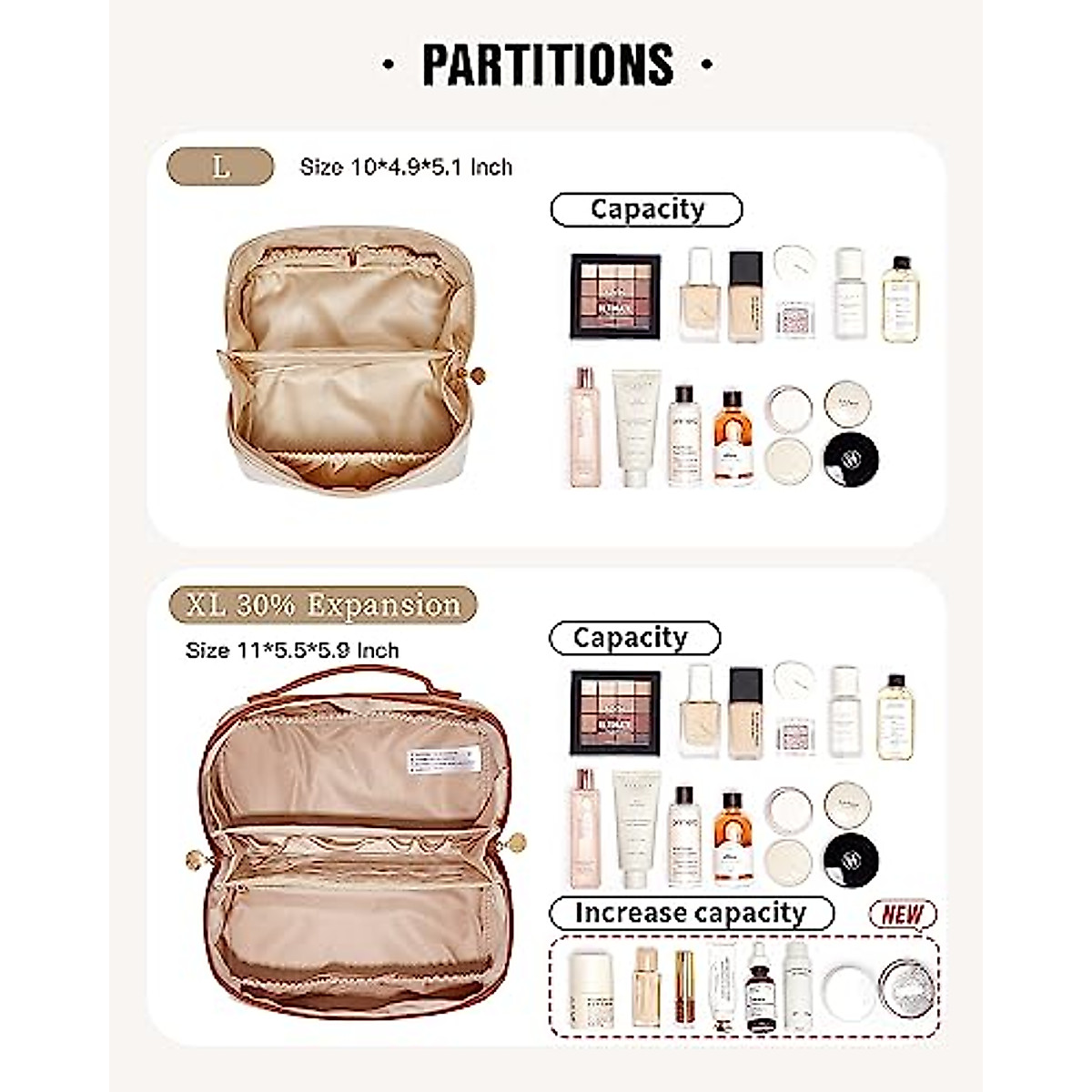 EACHY Travel Makeup Bag,Large Capacity Cosmetic Bags for Women,Waterproof Portable Pouch Open Flat Toiletry Bag Make up Organizer with Divider and Handle (Large-Brown, Large)