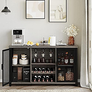 YITAHOME Industrial Sideboard Buffet Cabinet w/Wine Rack, Glass Cups Holder, Rustic Wine Cabinet Bar Cabinet Mesh Door for Liquor and Glasses, Liquor Cabinet Bar for Home (55 Inch, Dark Oak)