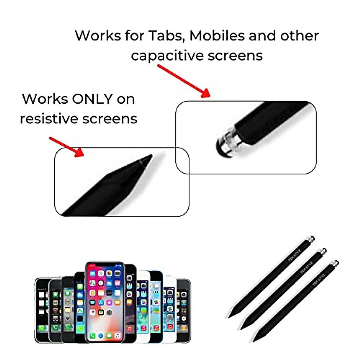 Tek Styz Pro Stylus Capacitive Pen Upgraded Works for Bose SoundSport with Custom High Precision Touch Full Size 3 Pack! (Black)