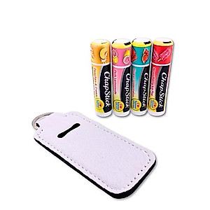 Set of 4 Lip Balms Including Pink Lemonade, Peaches & Cream, Strawberry Ice Pop, and Sweet Watermelon from Chapstick, Plus Bonus Lip Balm Holder Keychain. Unique Gift Bundle from Tiny Seed (White)