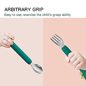 SFCCMM Baby Forks and Spoons Set Baby Training Utensils Self Feeding Toddler Silverware Silicone and Stainless Steel Kids and Toddler Utensil (Green Dinosaur - Long)