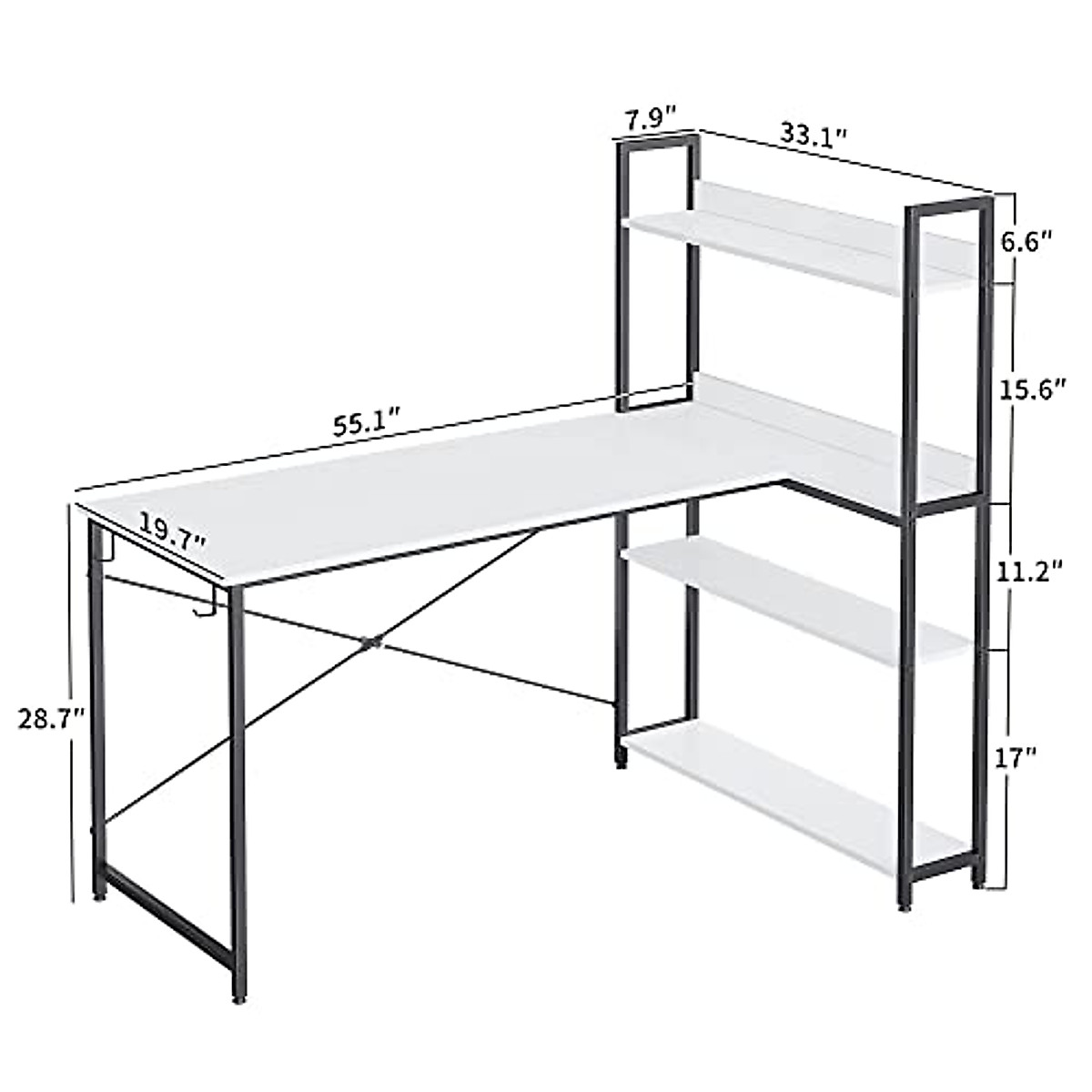 CubiCubi Computer Corner Desk with Storage Shelves, 55 Inch Reversible Small L Shaped Computer Desk, Home Office Writing Desk with 2 Hooks, White