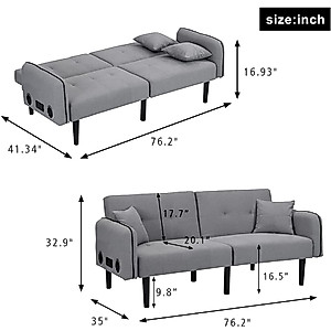MWrouqfur 76" Convertible Folding Futon Sofa Bed with Bluetooth Speaker,Modern Linen Fabric Upholstered Sleeper Couch Bed,Recliner Loveseat with Armrest and 2 Pillows for Living Room,Bedroom,Office