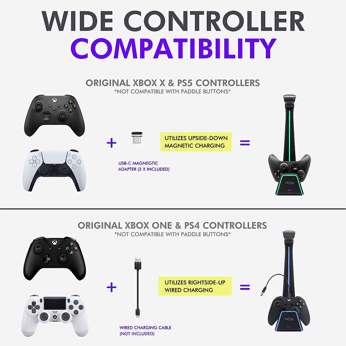 Tilted Nation 3 in 1 Gaming Headset and Controller Stand for PS5 and Xbox Series X Charging Station - Game Controller Holder and Headphone Stand for Desk with Playstation and Xbox Magnetic Charger