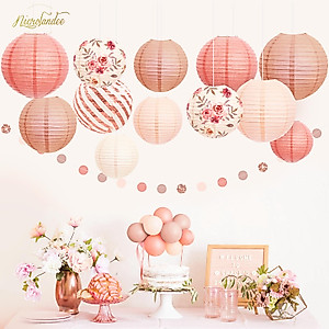 NICROLANDEE Wedding Party Decorations - 12PCS Rose Gold Vintage Floral Paper Lanterns Hanging Decorations for Engagement, Anniversary, Bridal Shower, Baby Shower, Bachelorette, Birthday Party