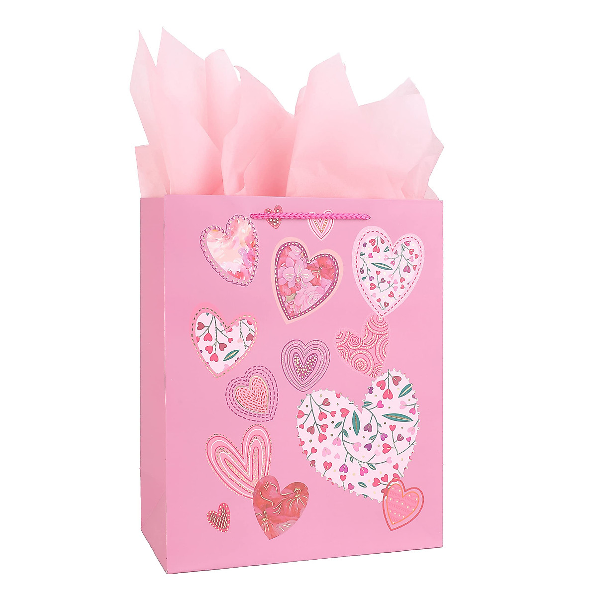12.6" Large Gift Bag with Tissue Paper, Gift Bag with Love Design for Valentine’s Day, Mother’s Day, Anniversary, Sweetest Day and More. (Scattered Hearts)