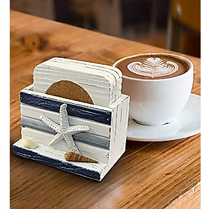 COTA Global Blue Stripes Nautical Wooden Coaster Set - Table Top Centerpiece Coastal Decor for Kitchen, Home, Beach House, Rustic Decorative 4 Coasters Set with Holder - Handmade Color May Vary