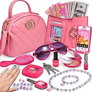Little Girls Purse, Toddler Girl Toys for 3 4 5 6 Year Old, Kids Purses with Accessories, Pretend Play Handbag and Princess Kit, Pink Toy Valentines Gifts for Girls