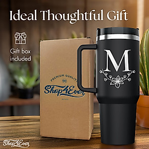 Custom Personalized Floral Flower Monogam Initial Letter A-Z Engraved Insulated Stainless Steel Tumbler with Handle, Lid, and Straw 40 oz. Monogrammed Gift for Her