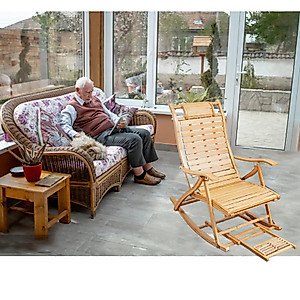 HM&DX Bamboo Rocking Chair Foldable Garden Deck Chairs for Elderly Loungers Deck Chair with Cushion Stable Ergonomic Wooden Patio Pool Garden Chair(Short pad, B)