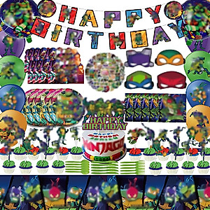 185 PCS Turtle Birthday Party Supplies, Complete Party Decorations Set with Banner, Balloons, Masks, Plates, Napkins, and Tablecloths for Themed Celebrations ﻿