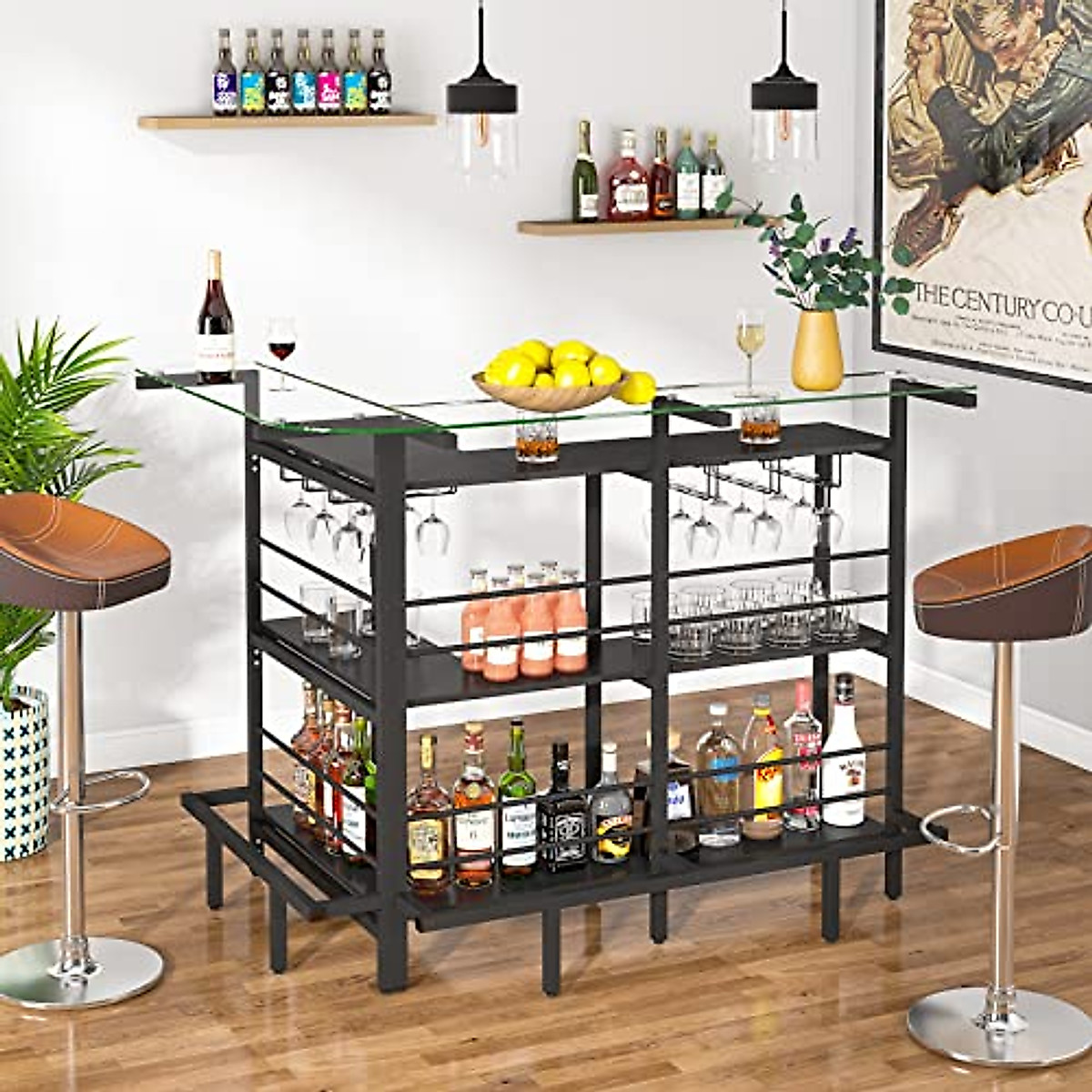Tribesigns Home Bar Unit, L Shaped Black Liquor Bar Table with Glass Counter Top, Wine Glasses Holder, Storage Shelves and Footrest for Living Room/Basement