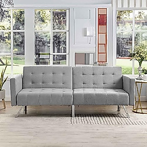 RIDFY 75” Modern Futon Sofa Bed, Convertible Sleeper Couch with Metal Legs/Armrests/Pillows, Folding Upholstered Loveseat, Lounge Sofa, Memory Foam Living Seat for Small Space/Office (Light Grey)