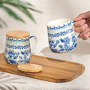 Taimei Teatime Coffee Mug with Lid, Set of 2, 16.5 oz, Ceramic Coffee Mugs with Handpainted Floral Pattern, Mugs Gift Set for Tea Lover, Woman and Couple, Microwave and Dishwasher Safe