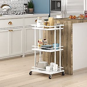 XYZLVSI 3-Tier Rolling Serving Bar Cart, Wood and Metal Kitchen Island Storage Cart with Wheels, Multifunction Utility Drink Cart Storage Rack for Home, Kitchen, Bar, Dinning Room, Living Room (White)