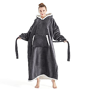Touchat Wearable Blanket Hoodie, Flannel Sherpa Fleece Hooded Blanket, Oversized Hoodie for Adults Women Men, Sweatshirt Blanket with Hood, Pocket & Sleeves,Gifts for Wife,Mom,One Size Fits All（Grey）