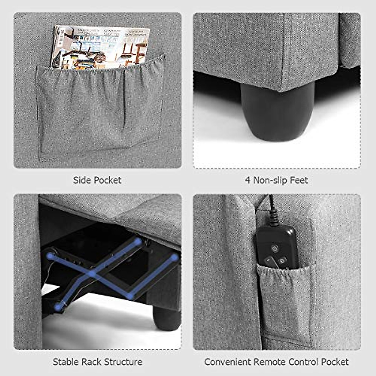 Giantex Recliner Chair, Massage Wingback Single Sofa w/Side Pocket, Fabric Recliner Sofa for Living Room, Modern Padded Seat Reclining Chair, Home Theater Seating Office for Adults (Grey)