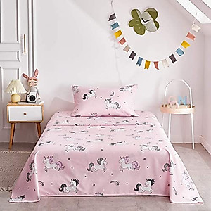 UOZZI BEDDING Bed in a Bag 6 Pieces Twin Size Unicorn Pink with Rainbow Star - Soft Microfiber, Reversible Bed Comforter Set (1 Comforter, 2 Pillow Shams, 1 Flat Sheet, 1 Fitted Sheet, 1 Pillowcases)