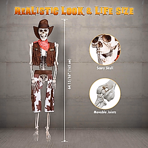 AW Pirate Life Size Skeleton Poseable, Full Size Western Cowboy Skeleton 5.4 Ft Plastic for Halloween Party Outdoor Patio Decorations Haunted House Props 2024