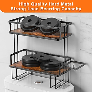 FLOLXNB 2 Tier Bathroom Storage Shelf, Wooden Toilet Shelf Organizer, Over The Toilet Storage Shelf,Toilet Storage Rack with Paper Holder and Hooks, No Drilling Wall Mounted Storage Rack, Black