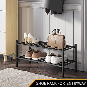 Shoe Rack, 2-Tier Bamboo Stackable Shoe Shelf Storage Organizer, Shoe Stand for Closet, Entryway and Hallway