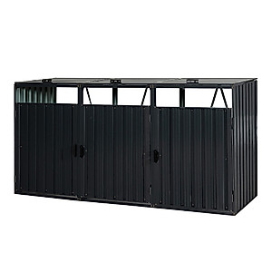 Outdoor Garbage Bin Storage Shed Galvanized for 3 Trash cans with Lockable Doors Metal Outdoor Trash Can Storage Shed for Garden Yard Lawn(Black-3)