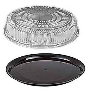 16" Black Round Flat Catering Serving Party Tray Food Platter + Clear Dome Lid (Pack of 10 Sets)