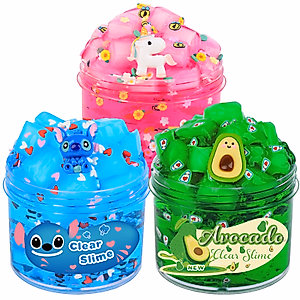 3 Pack Jelly Cube Crunchy Clear Slime Kit Blue Water Slime Pink Heart Add Ins, DIY Crystal Slime Set Avocado Green Pink Bubble Slime for Girls Boys, Kids Stocking Stuffers Toys Birthday Party Favors