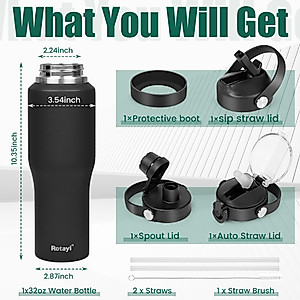 Rotayi 32 oz Water Bottle, Fits in Any Car Cup Holders - Stainless Steel Triple Wall Vacuum Insulated Water Bottles Flask with Straw & Spout Lid(Cold for 48 Hrs, Hot for 24 Hrs)