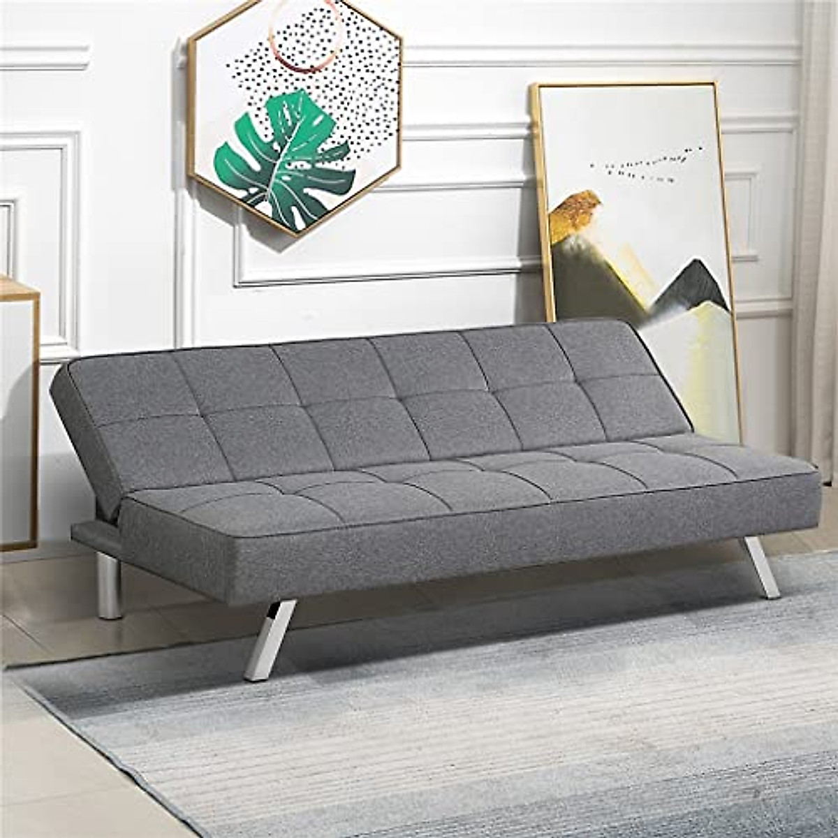 ZYJBM Convertible Futon Grey Linen Fabric Sofa Bed Adjustable Sleeper with Stainless Steel Legs