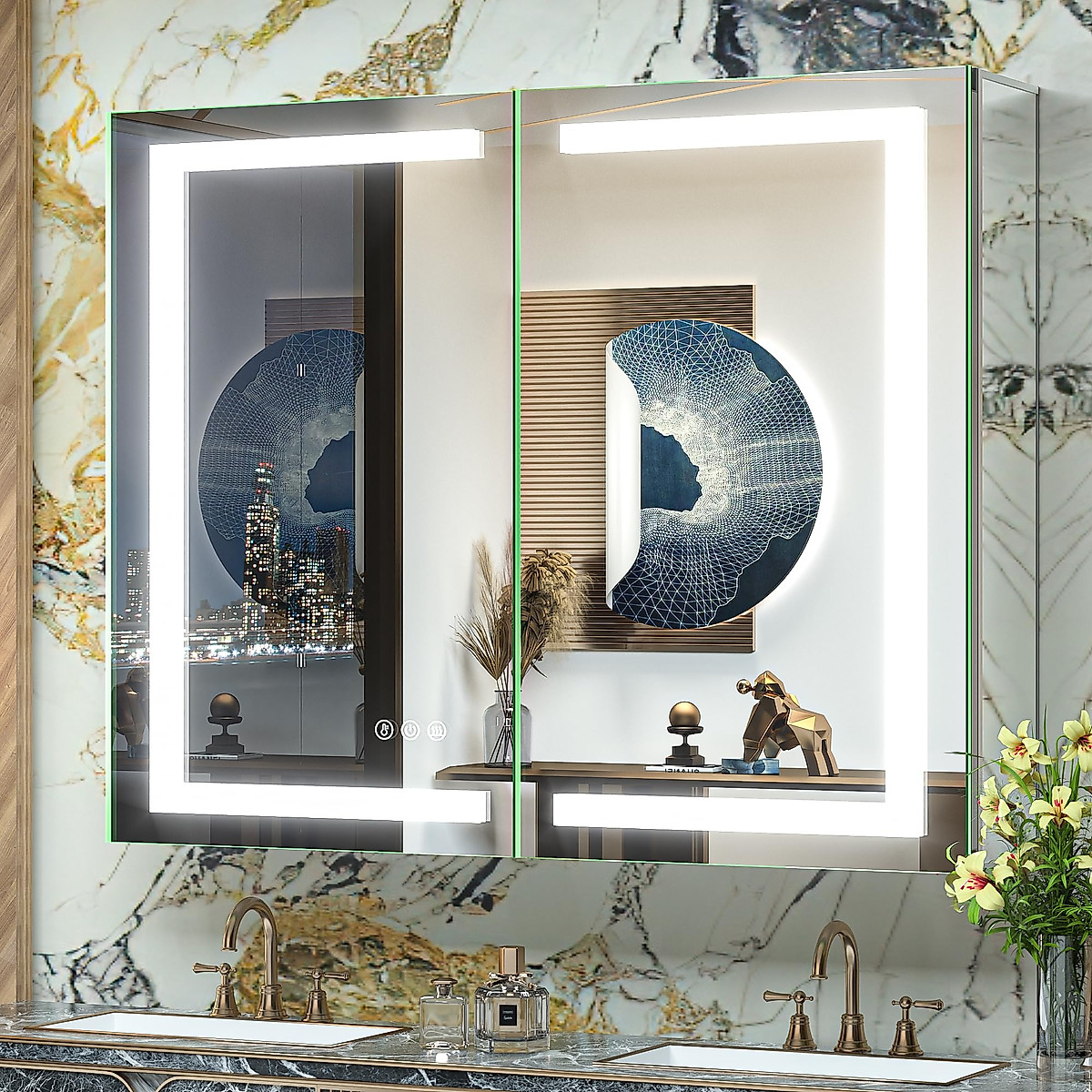 TokeShimi 40x32 Surface Mount Medicine Cabinet Mirror with Electrical Outlet, Frontlit Anti-Fog 3 Colors Temperature Dimmable Surface or Recessed Mount for Bathroom Vanity and Modern