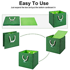 i BKGOO Foldable Storage Cube Bins,Green Linen Fabric Collapsible Resistant Basket Box Organizer with Cotton Rope Handle for Home Office and Nursery 13x13x13 inch