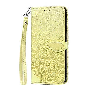 ONV Wallet Case Compatible with Samsung Galaxy S9 Plus -Solid Color Emboss Feather Flip Phone Case with Strap Card Slot Magnet Leather Shell Flip Stand Cover for Samsung Galaxy S9 Plus [MZY] -Yellow