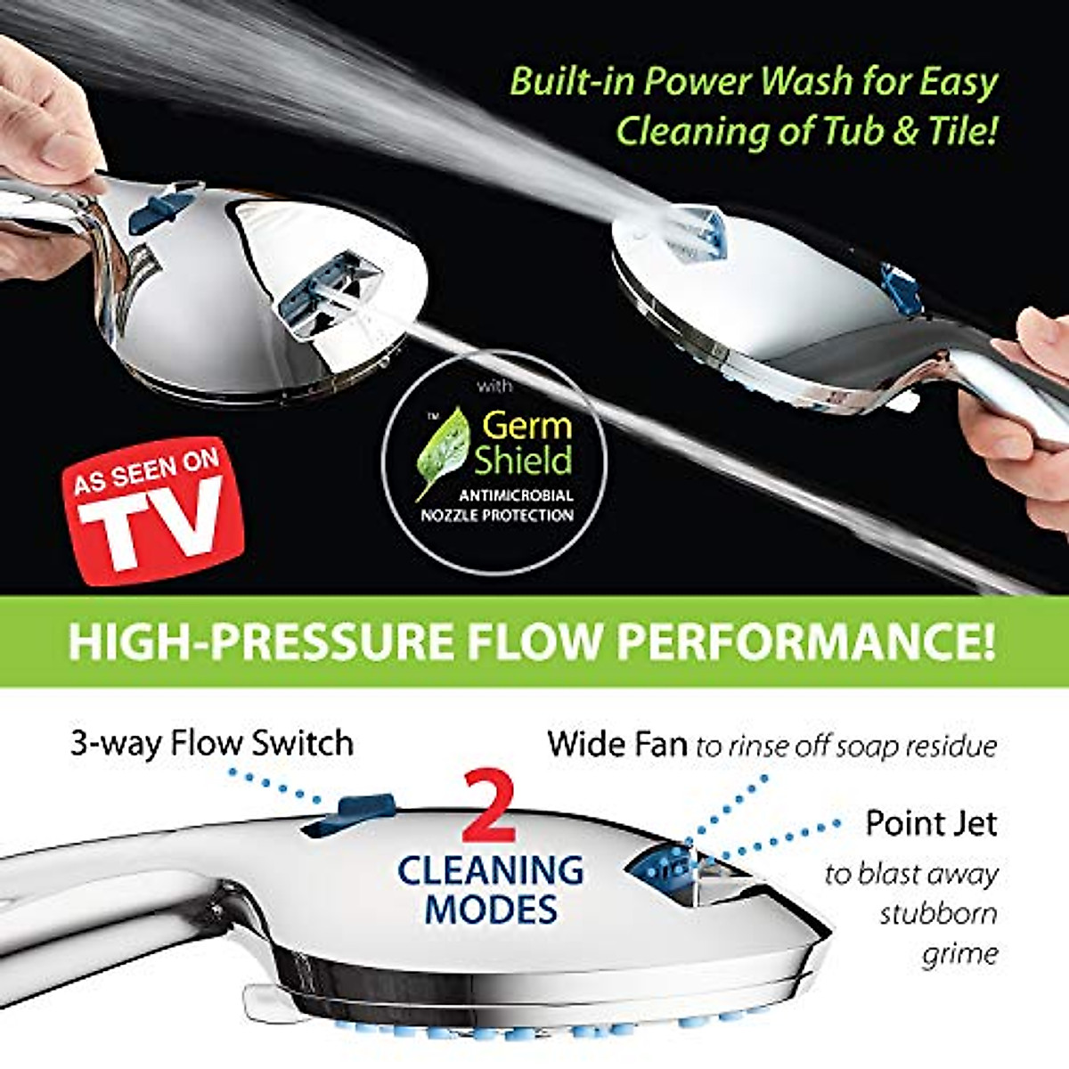 AquaCare As-Seen-On-TV High Pressure 50-mode Rain & Handheld 3-way Shower Head Combo - Anti-clog Nozzles/Tub, Tile & Pet Power Wash/Extra Long 6 ft. Stainless Steel Hose/All Chrome Finish