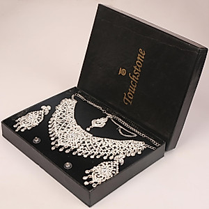 Touchstone Indian Bollywood Masterly Created Sparkling White Rhinestones Studded Look Grand Bridal Jewelry Necklace Earrings Mangtika Set In White Tone For Women.
