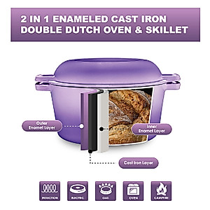 Bruntmor 2-in-1 Enamel Cast Iron Dutch Oven With Handles - Crock Pot Purple Cast Iron pot with Skillet lid - All-in-One Cookware Braising Pan for Casserole Dish - 5 Quart, Purple
