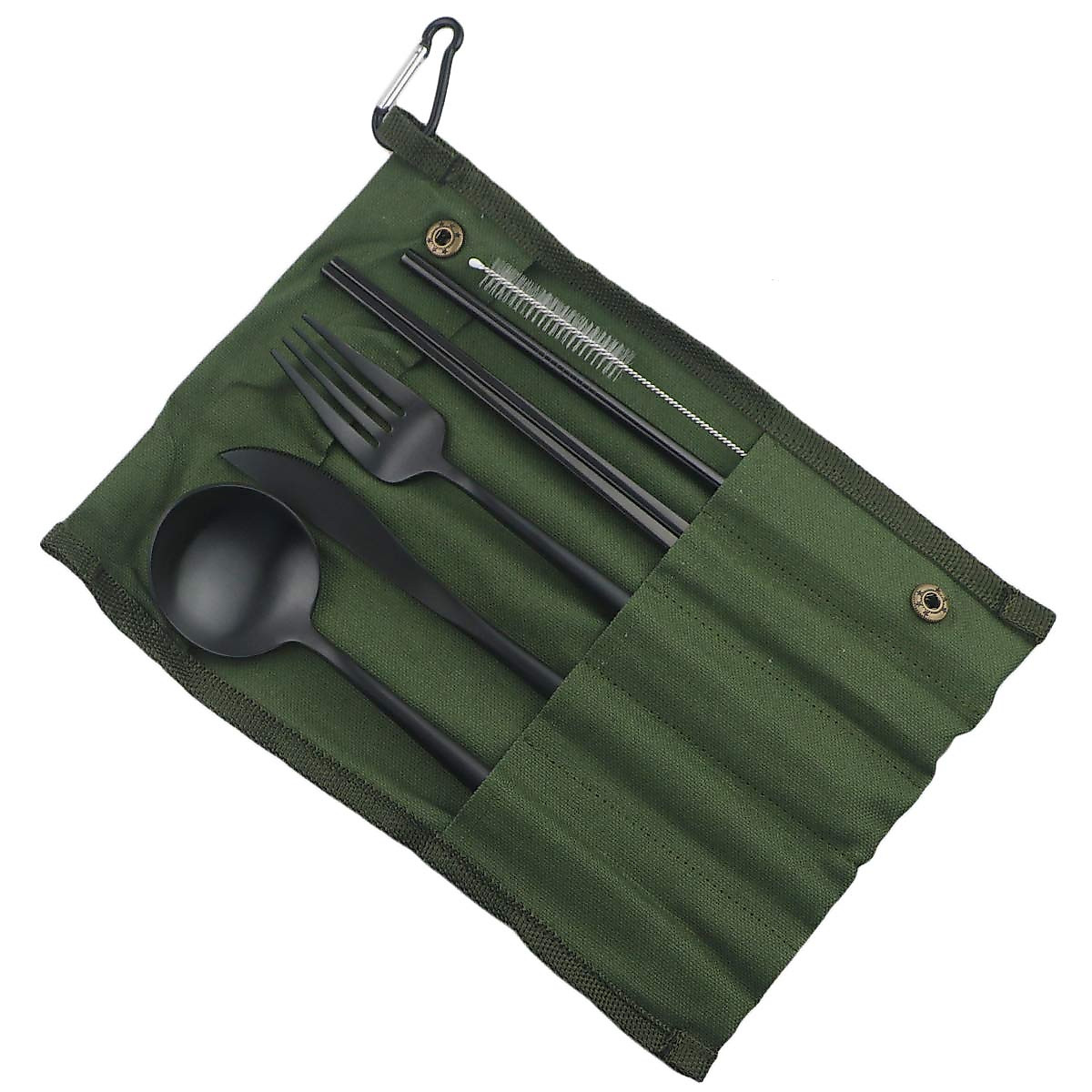 Gugrida Reusable Travel Utensils, 7 Piece Portable 304 Stainless Steel including Knife Fork Spoon Chopsticks Cleaning Brush Straws Portable Pouch, Eco-friendly Camping Silverware Set, Dishwasher Safe