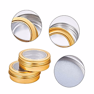 Healthcom 15 Pack 3 Oz Clear Window Round Aluminum Tin Cans Screw Top Metal Lid Aluminum Tin Jar Empty Lip Balm Tin Cans Cosmetic Storage Jars for Spices Candles Candies Gifts Arts Crafts,90ml(Gold)