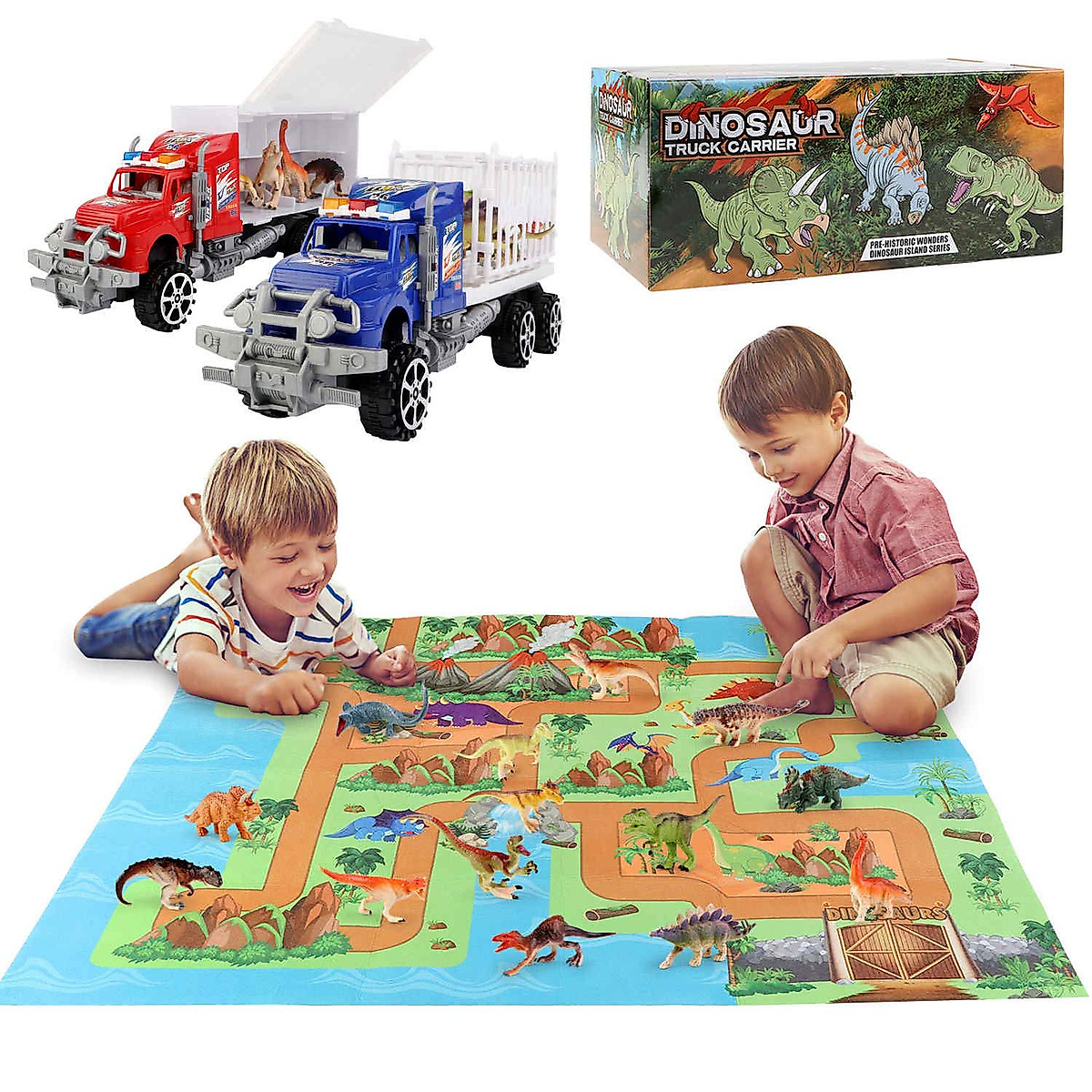 SmartYeen 2-Pack Dinosaur Truck Carriers with 14pcs Dinosaur Toys and Play Mat,Dinosaurs car playset Toys for 3-12 Years Old Boys Girls Kids